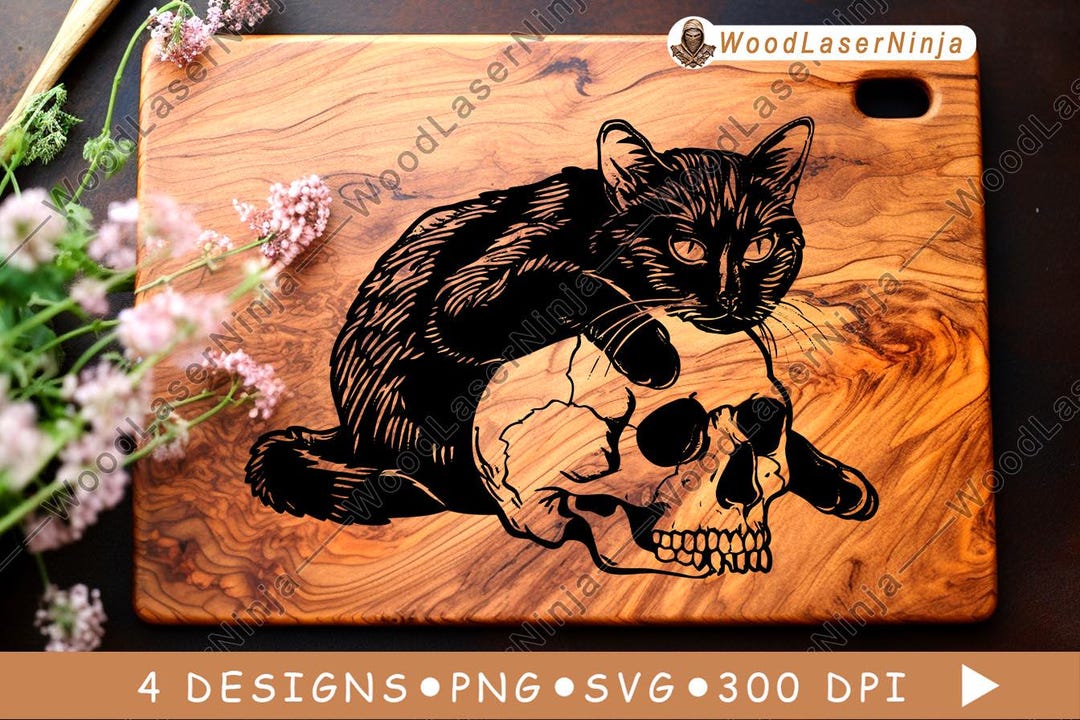 Kitten on Skull Gothic Cat Skeleton Spooky Feline Laser File Coaster ...