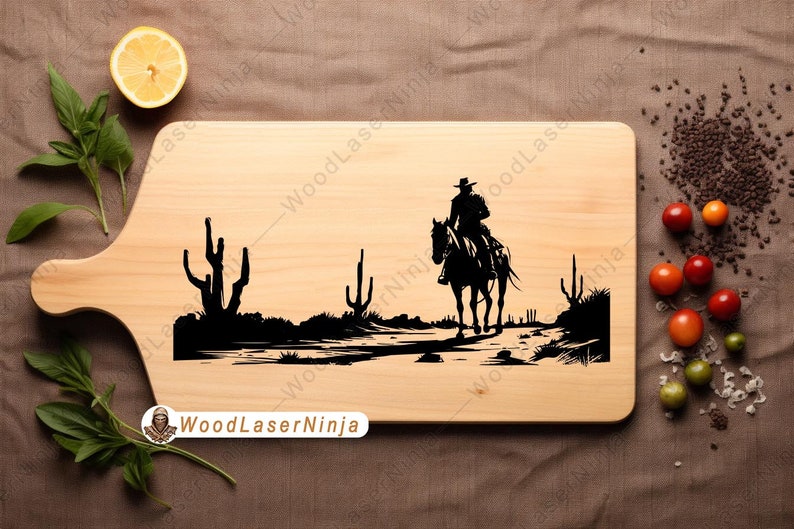 Western Cowboy Desert Scene Wildwest Ranch Coaster Laser File Slate Engrave Black White PNG ...