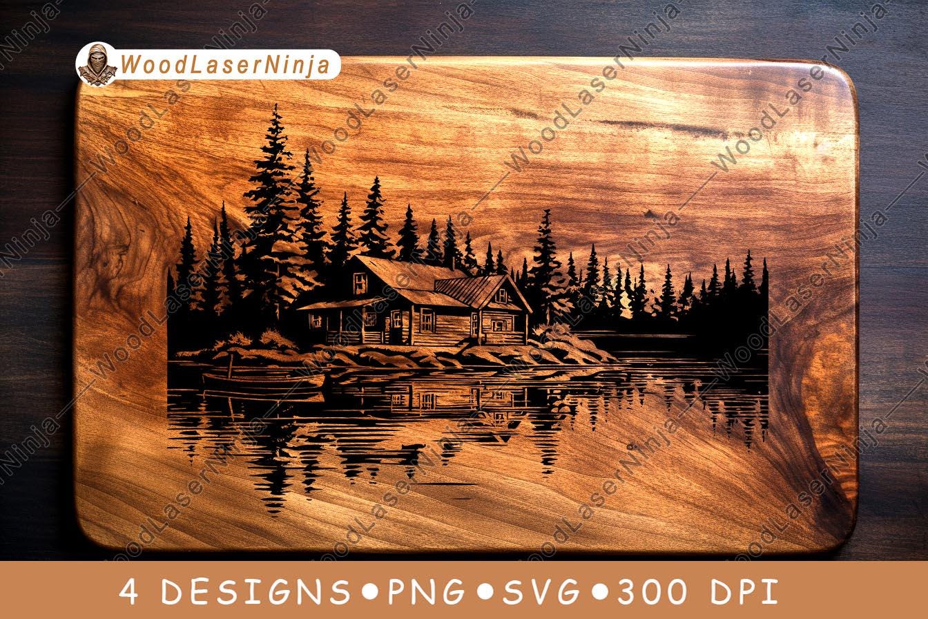 Rustic Log Cabin Lake Cottage Retreat Scene Laser File Coaster Burn ...