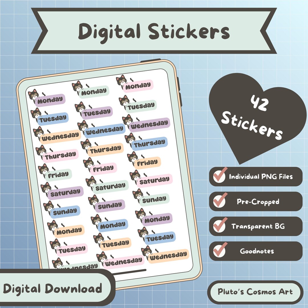 Tuxedo Cat Day-of-week Planner Stickers – Kawaii Pastel Headers ...