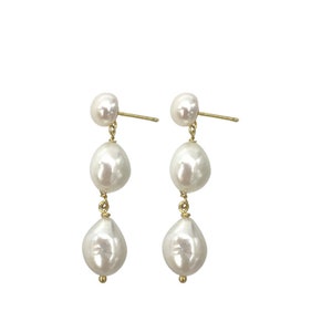 Handmade Triple Pearl Drop Earrings, Fresh Water Pearl, Bohemian, Double Pearl Earring, Bridal ...
