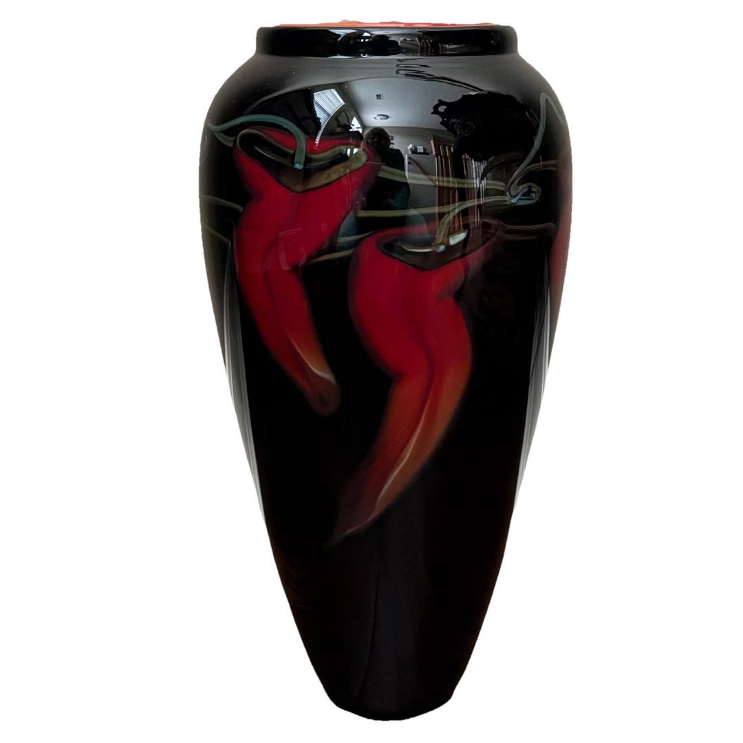 Richard Satava Hand Blown 11”h Glass Vase Black W/red Chili Peppers ...