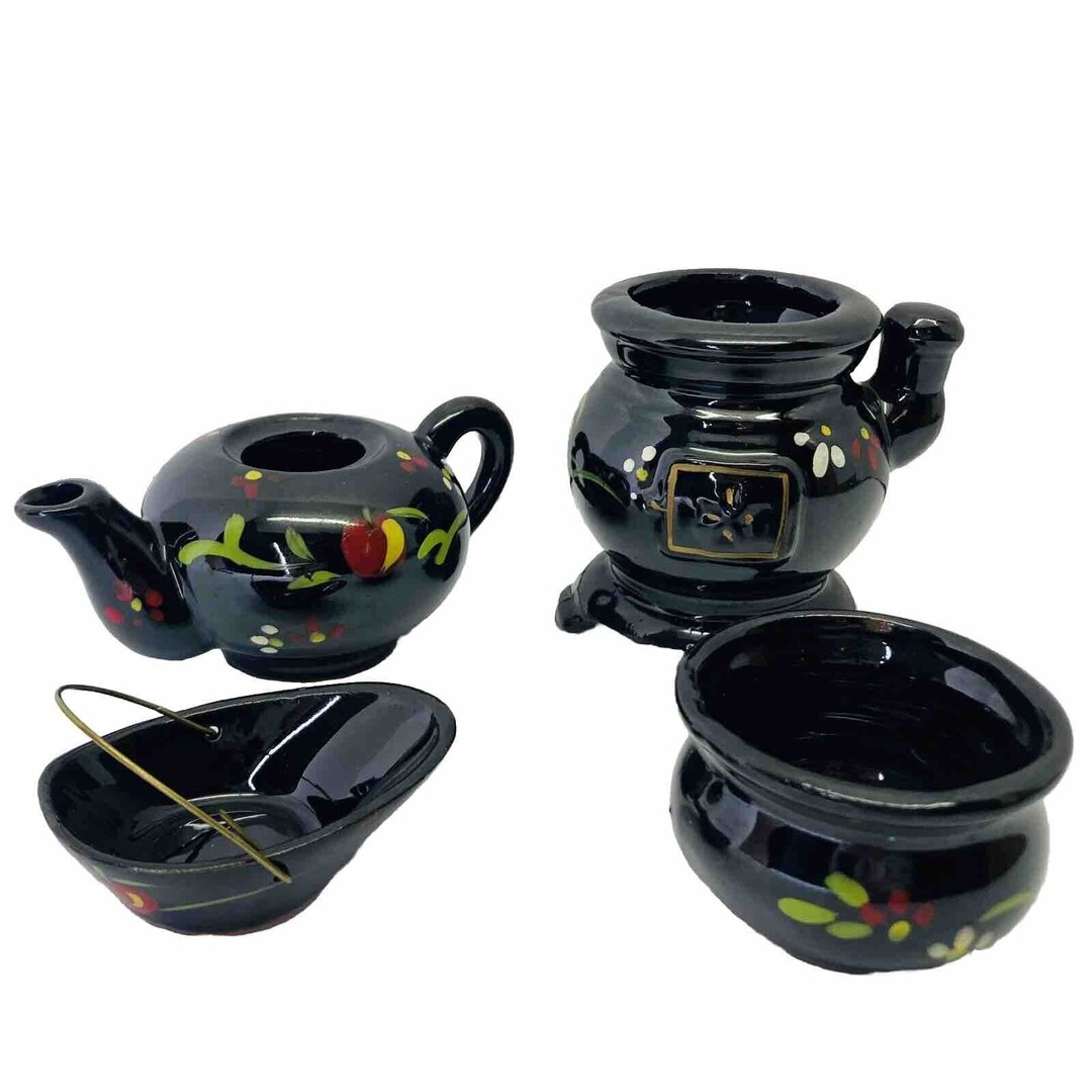 VTG ACME Redware Child Dishes W/ Apple Design Stacking Teapot Stove Ash ...