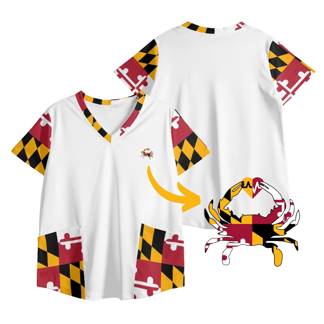 MD Nurse White Scrubs, Maryland Nurses Uniform Top, Women's Printed V ...