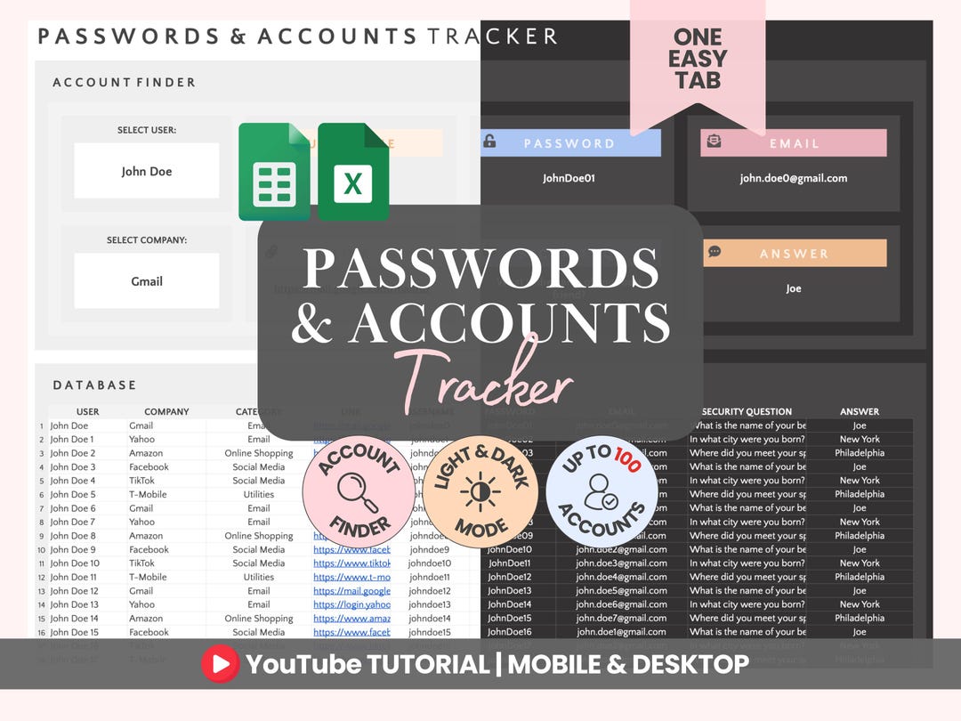 Password Tracker Template Digital Password Organizer Excel Template ...