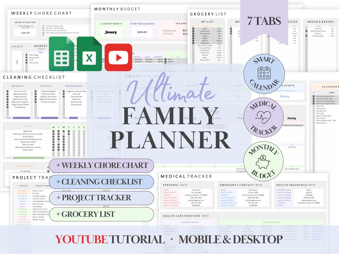 Digital Family Planner Google Sheets Family Calendar Excel Chore Chart ...