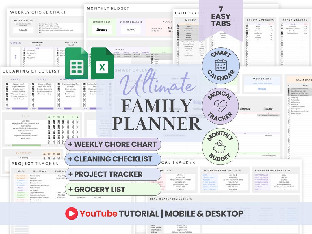Digital Family Planner Google Sheets Family Calendar Excel Chore Chart ...