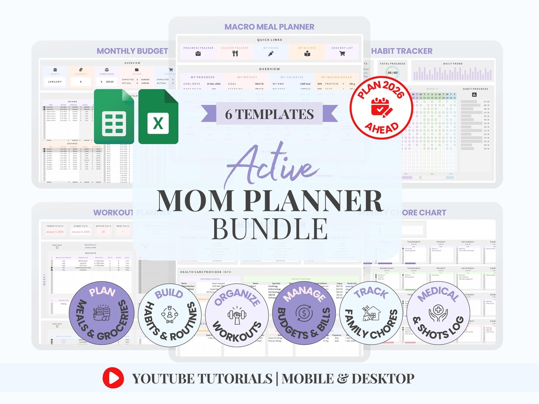Digital Mom Planner Bundle Excel Templates Meal Workout Tracker Habit ...