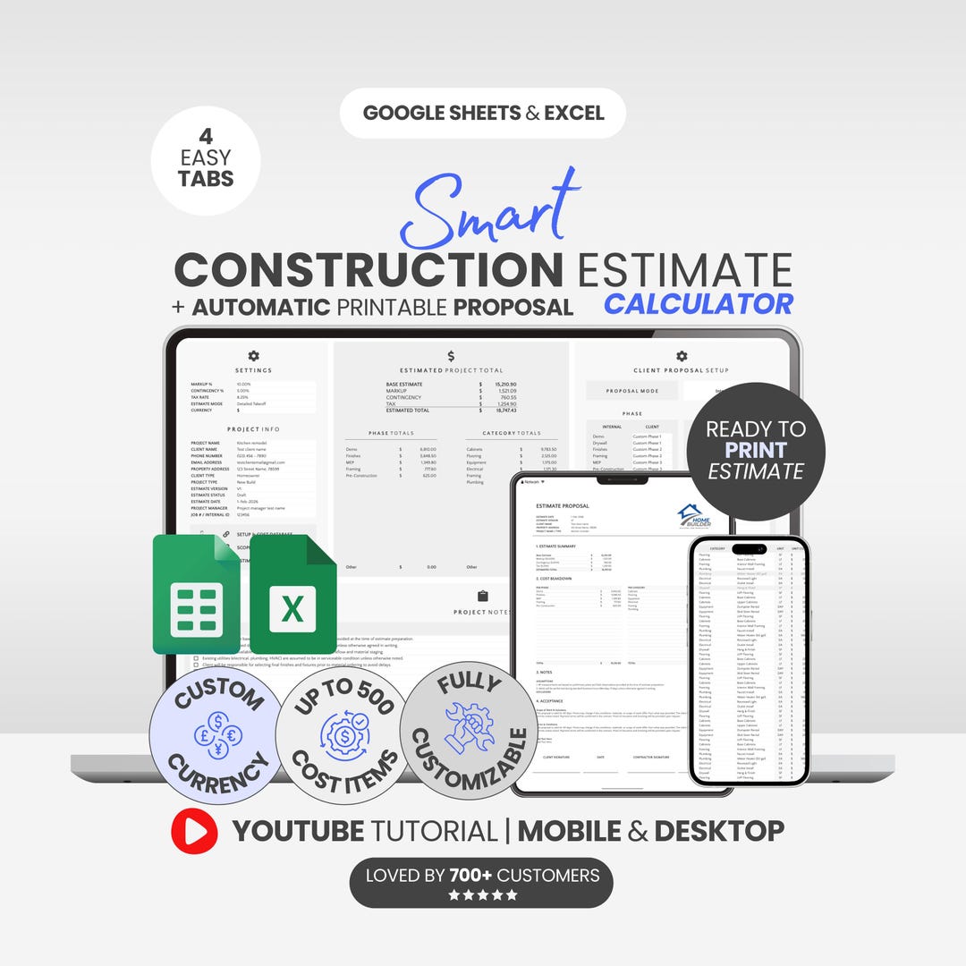 Construction Project Cost Calculator Contractor Proposal Spreadsheet ...
