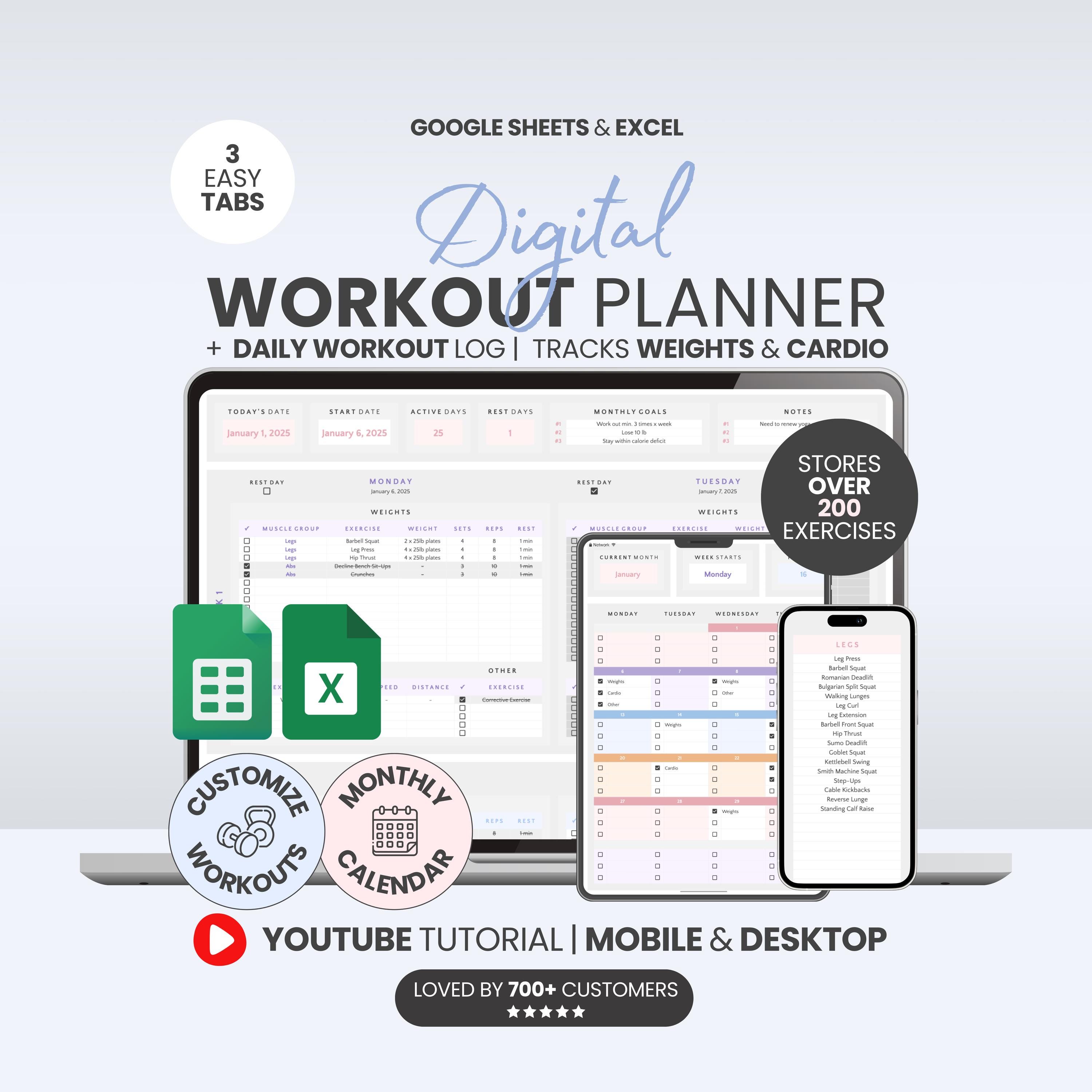 Excel Workout Tracker Digital Workout Planner Google Sheets Fitness ...