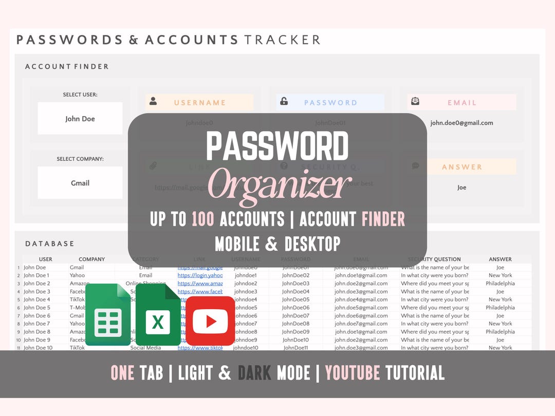 Digital Password Organizer Spreadsheet Password Logbook Template ...