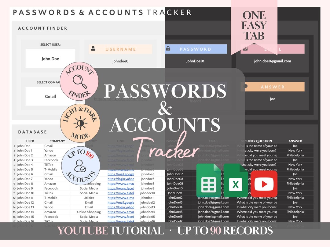 Password Tracker Template Digital Password Organizer Excel Template ...