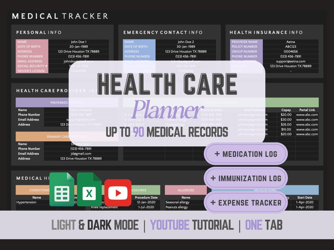 Dark Mode Healthcare Planner Google Sheets Spreadsheet Medication ...
