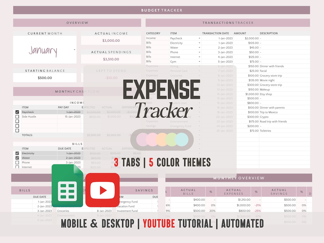 Income Expense Tracker Google Sheets Bill Tracker Monthly Budget ...