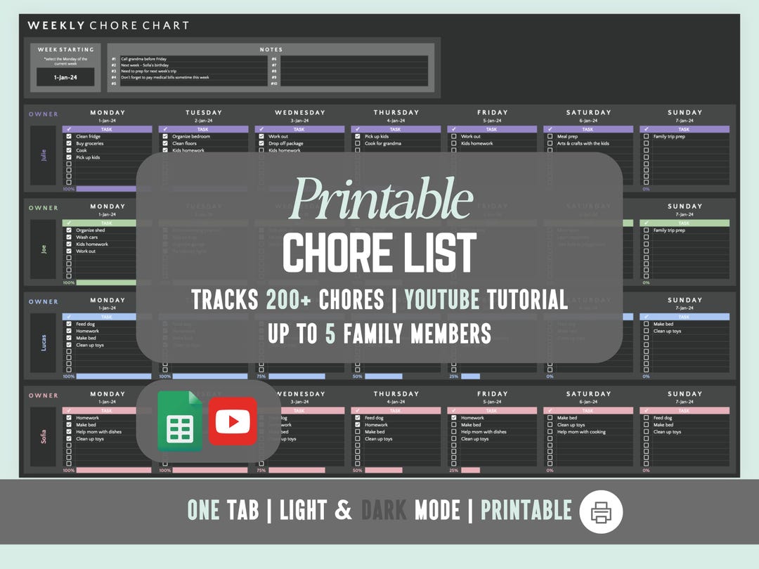 Dark Mode Family Chore Chart Google Sheets Organization Spreadsheet ...