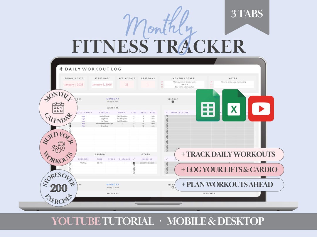 Digital Workout Planner Google Sheets Fitness Tracker Workout Log Daily ...