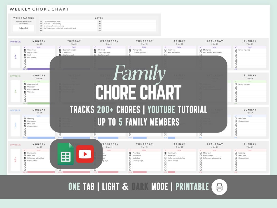 Family Schedule Printable Chore Chart Google Sheets Editable Daily ...