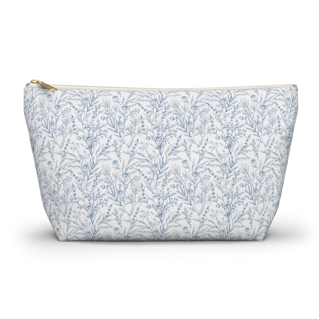 COSMETIC BAG Shabby Chic Cottagecore Watercolor Blue Flower Stems ...
