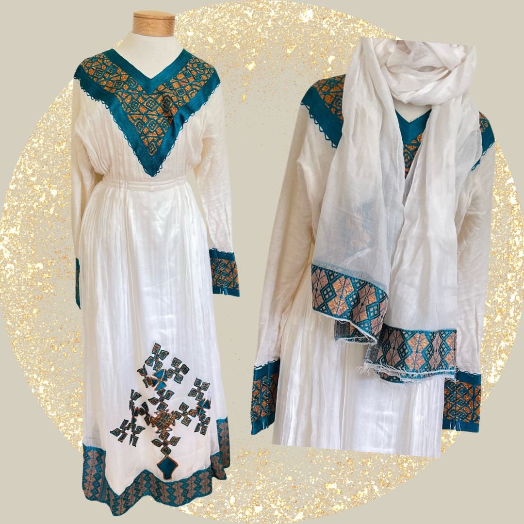 Golden Hidar | Green & Bronze Habesha Dress - Etsy