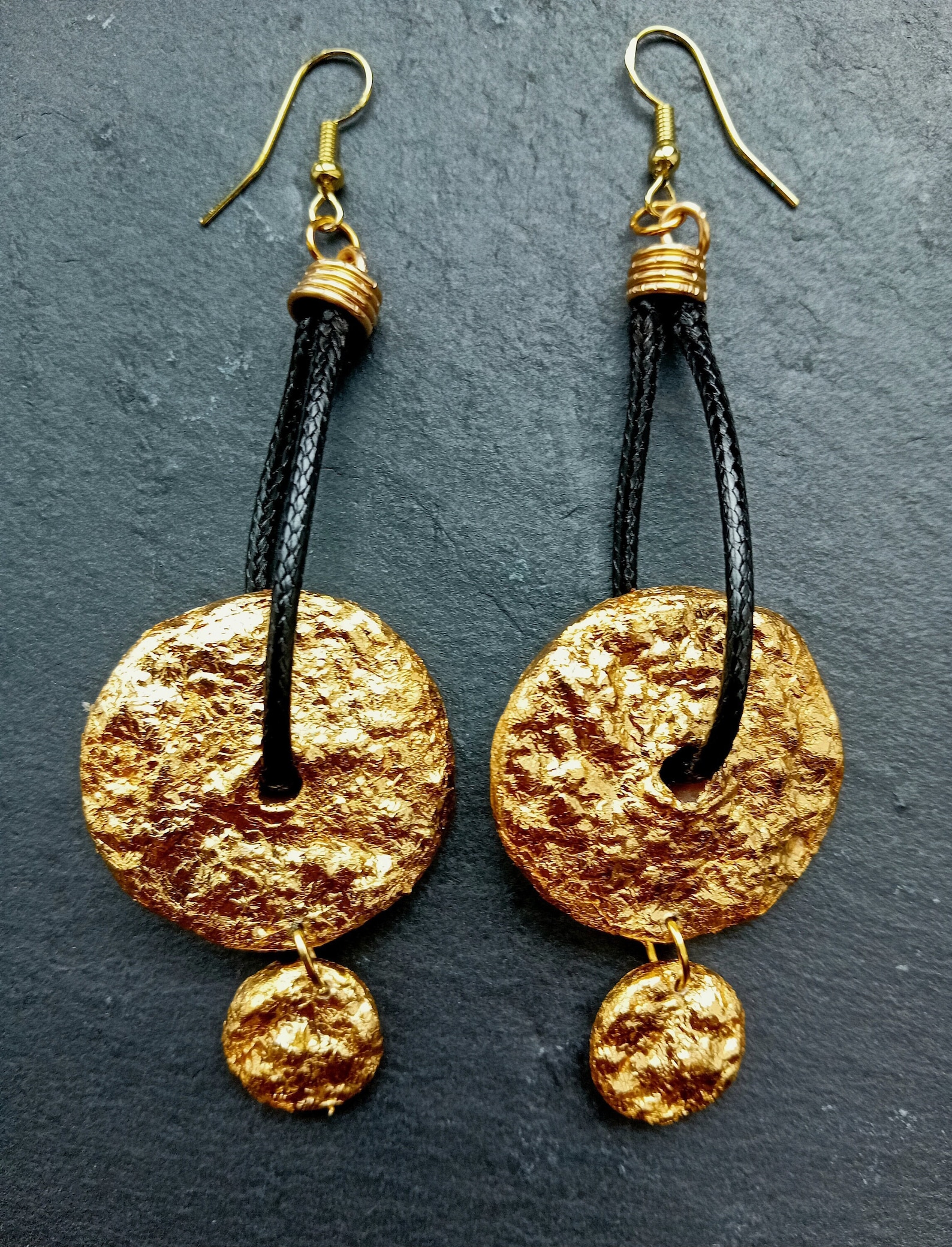 Ancient Egyptian Gilded Gold Leaf Earrings, Real Gold, Textured Surface ...