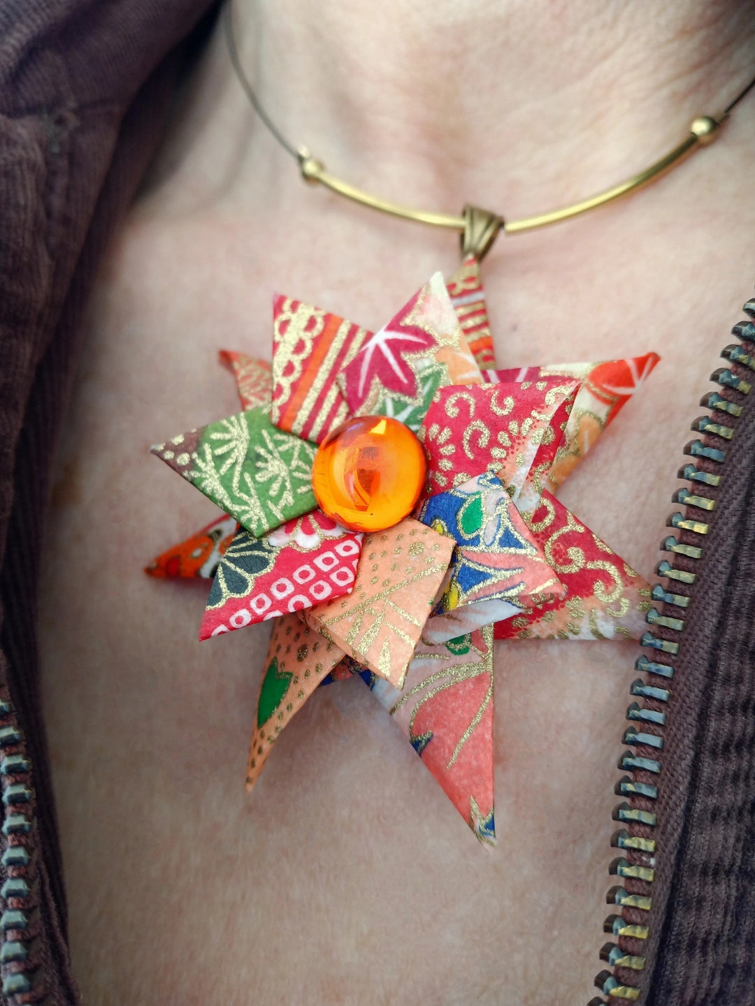 ELVEN STAR Necklace, Origami Washi Paper and Dichroic Glass Cab, Brass ...