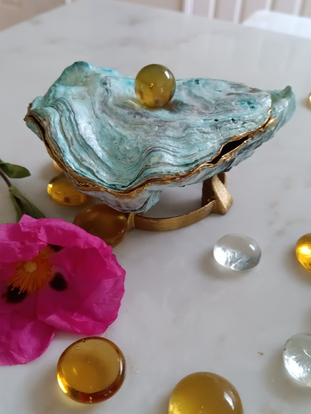 Oyster Footed Trinket Box, Aqua Blue Shell & Floral Decoupage, Jewelry ...