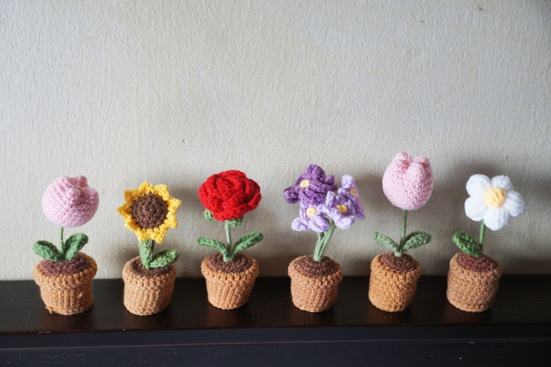 6 Crochet Mini Flower Pots in a Set-6 Knitted Flowers-gifts for Her - Etsy