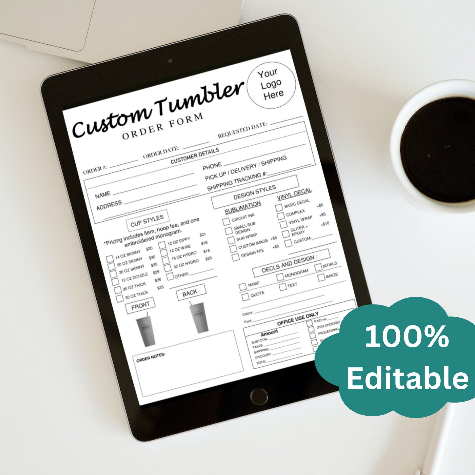 Editable Sublimation Tumbler Order Form Template, Custom Tumbler Form ...