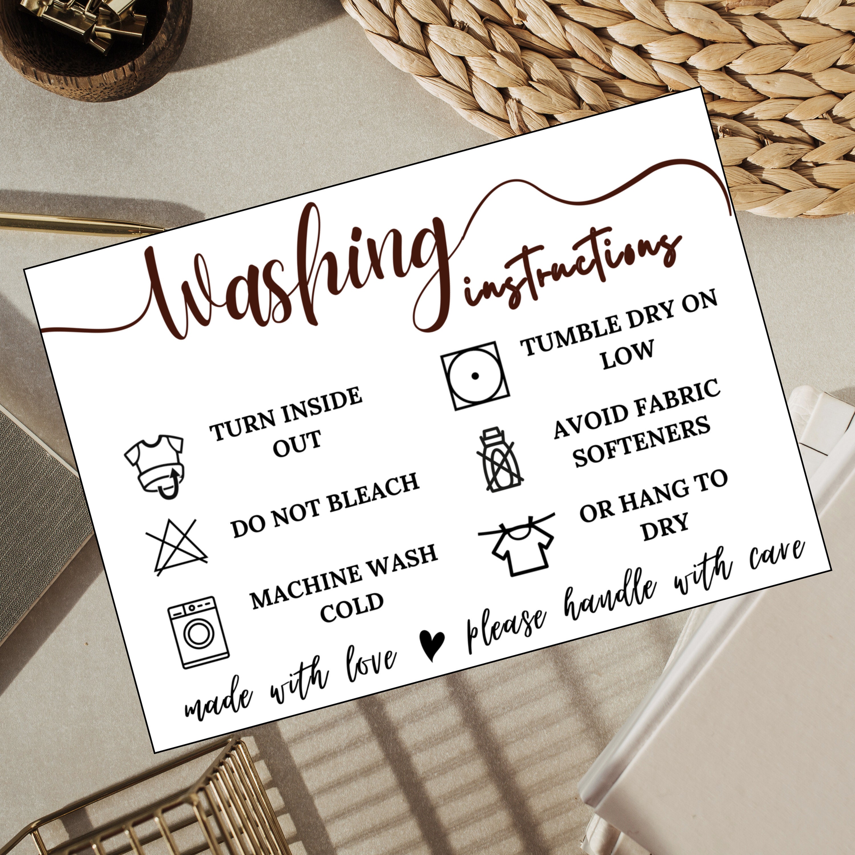 Washing Instruction Card, Ready to Print, Shirt Care Card, Apparel Care ...