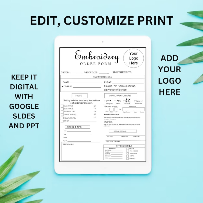 Editable Embroidery Order Form Template: Custom Design (PPTX, PDF, PNG ...