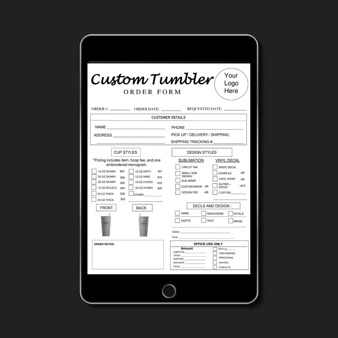 Editable Sublimation Tumbler Order Form Template, Custom Tumbler Form ...