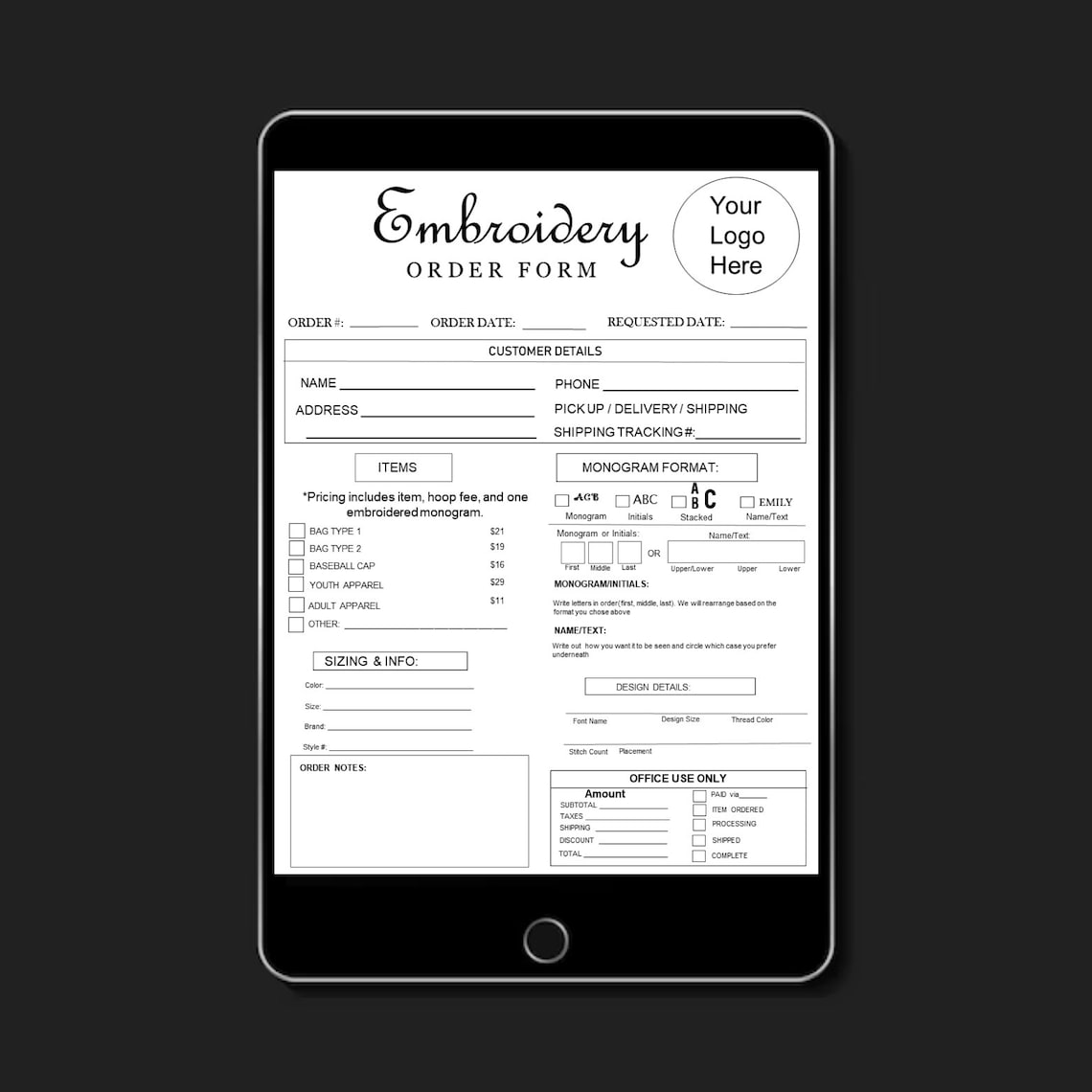 Editable Embroidery Order Form Template: Custom Design (PPTX, PDF, PNG ...