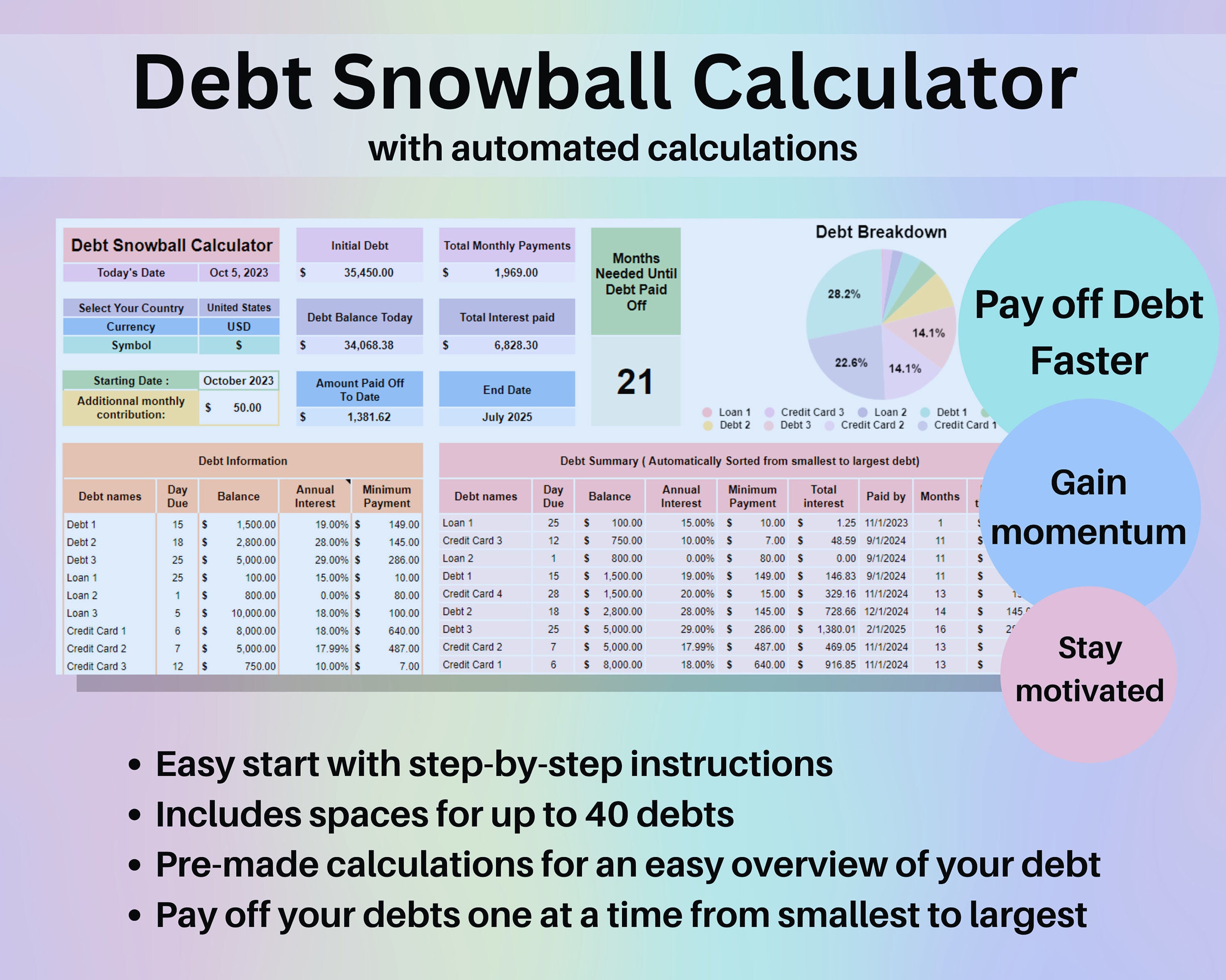 Debt Snowball Calculator Spreadsheet Google Sheets Microsoft Excel ...