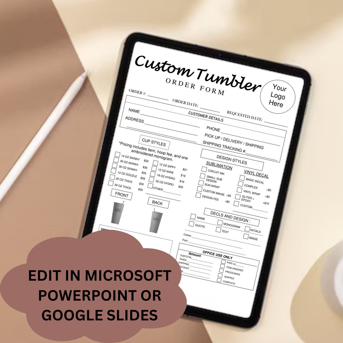 Editable Sublimation Tumbler Order Form Template, Custom Tumbler Form ...