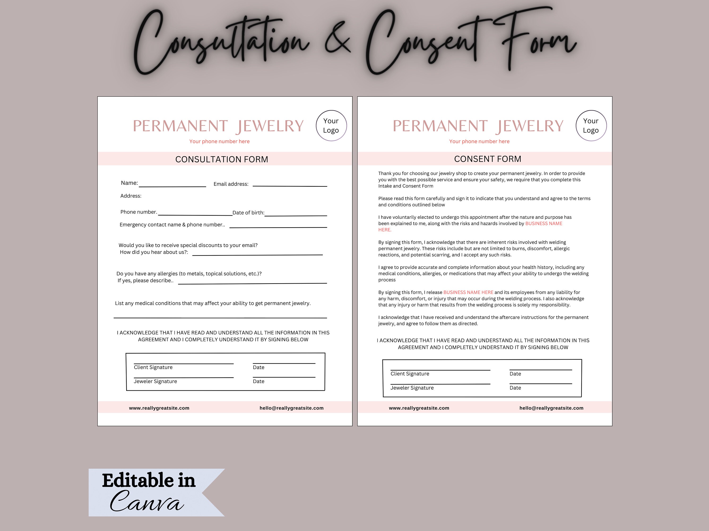 Permanent Jewelry Template, Waiver Permanent Jewelry, Consent Forms ...