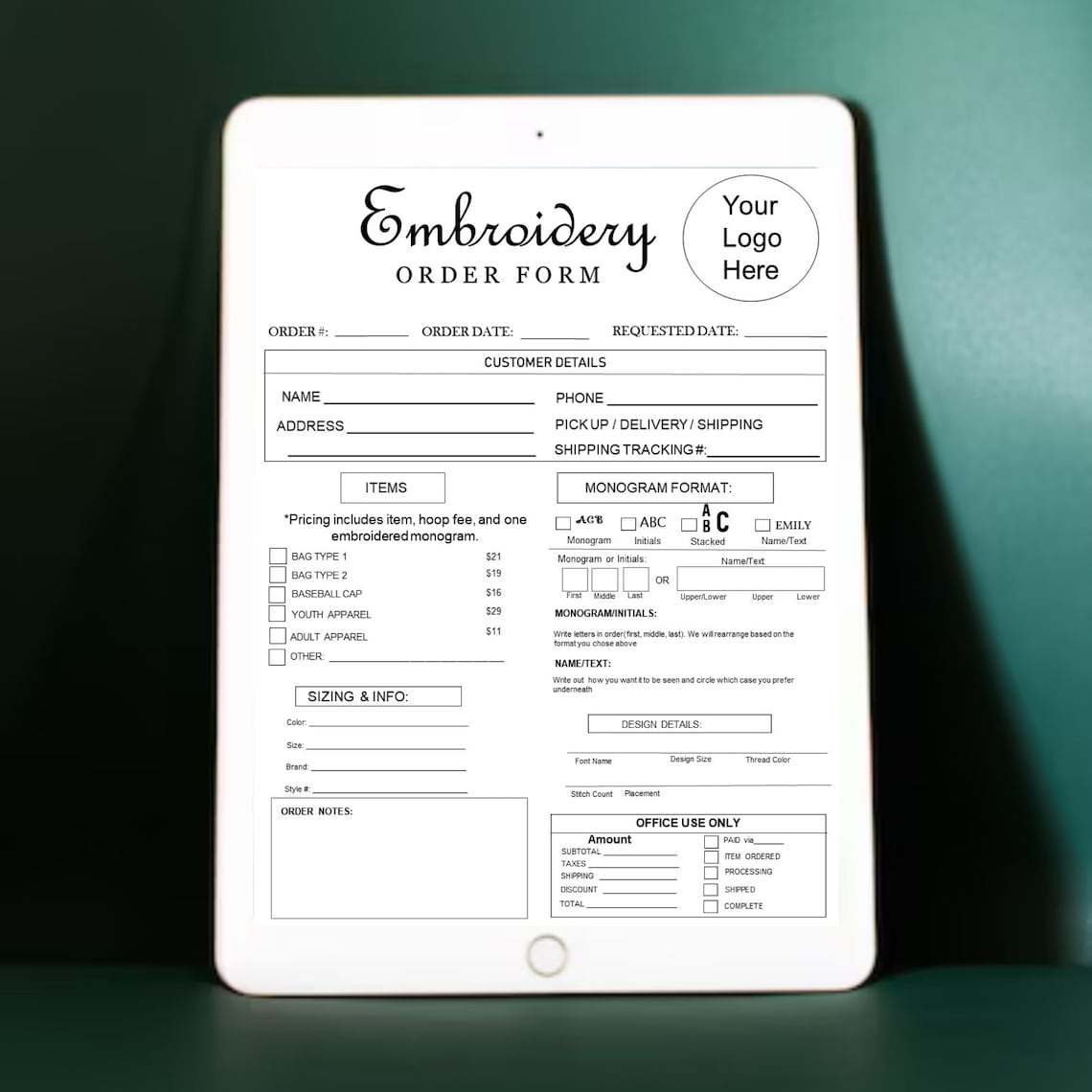 Editable Embroidery Order Form Template: Custom Design (PPTX, PDF, PNG ...