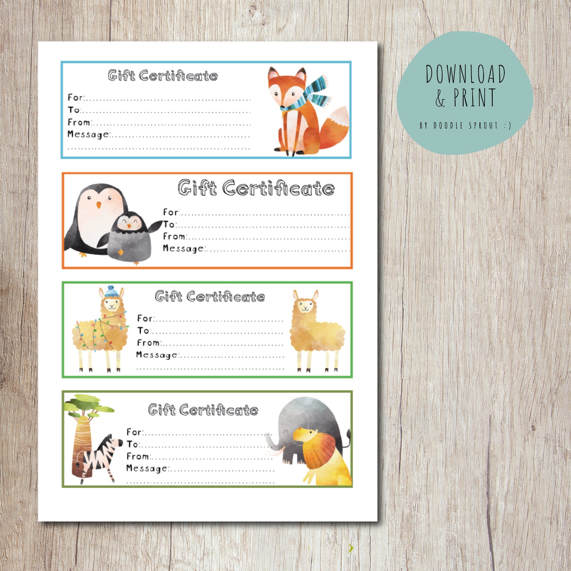 Printable Gift Certificate Templates, Animal Zoo Gift Tokens, Digital ...
