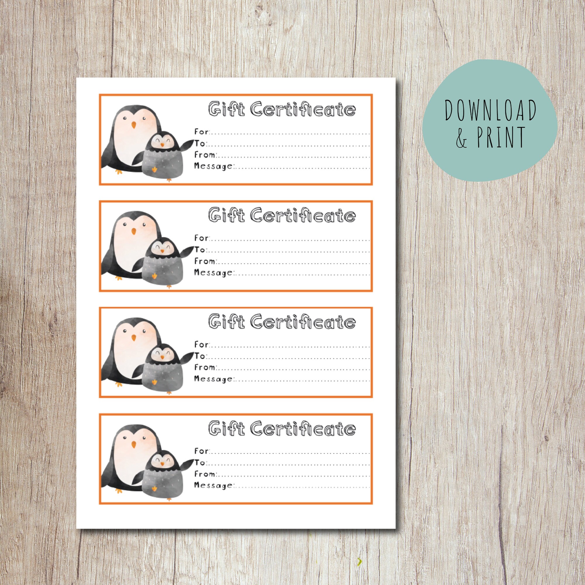 Printable Gift Certificate Template, Penguin Gift Token, Instant ...