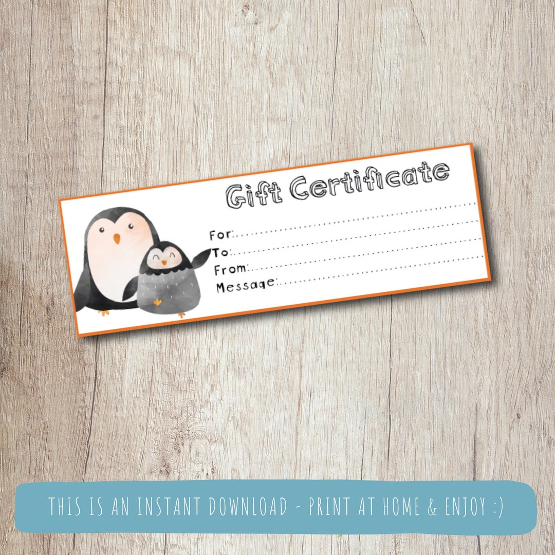 Printable Gift Certificate Template, Penguin Gift Token, Instant ...