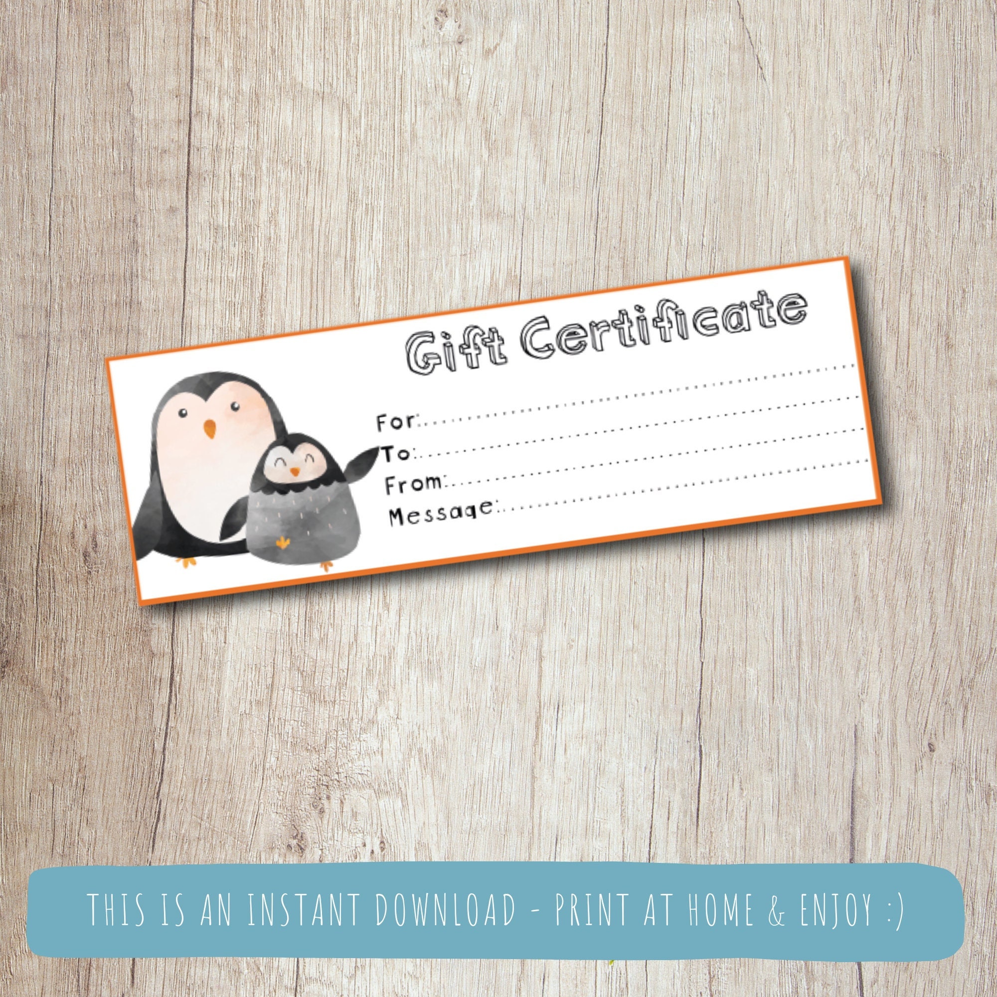 Printable Gift Certificate Template, Penguin Gift Token, Instant ...