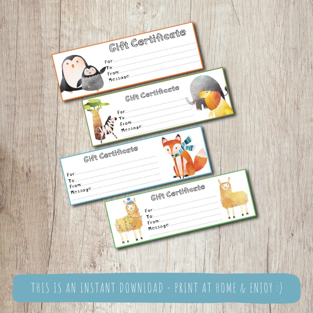 Printable Gift Certificate Templates, Animal Zoo Gift Tokens, Digital ...