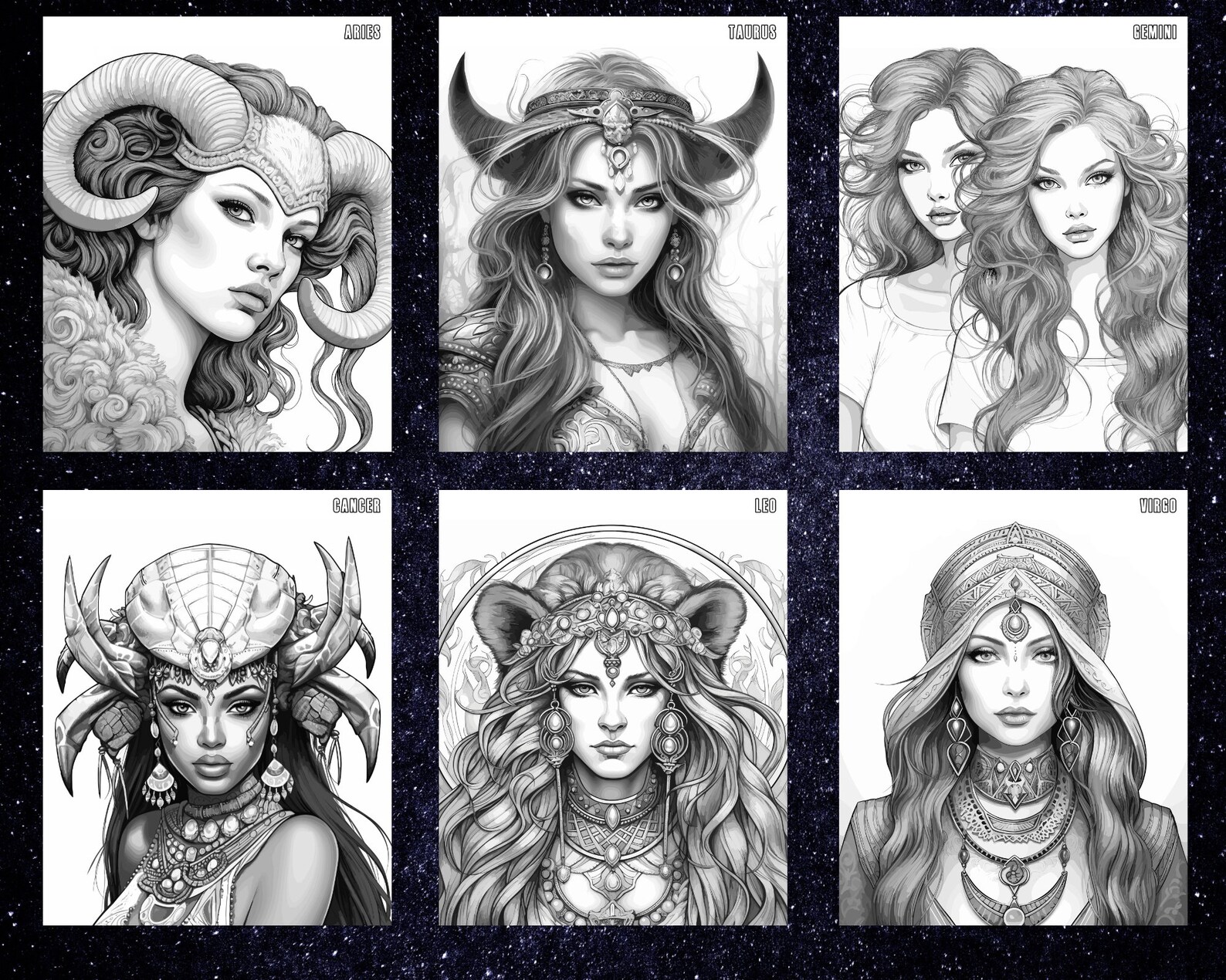 12 Pages of Women of the Zodiac Coloring Book, Astrology Horoscope ...