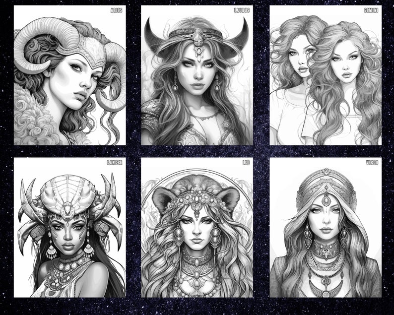 12 Pages of Women of the Zodiac Coloring Book, Astrology Horoscope ...