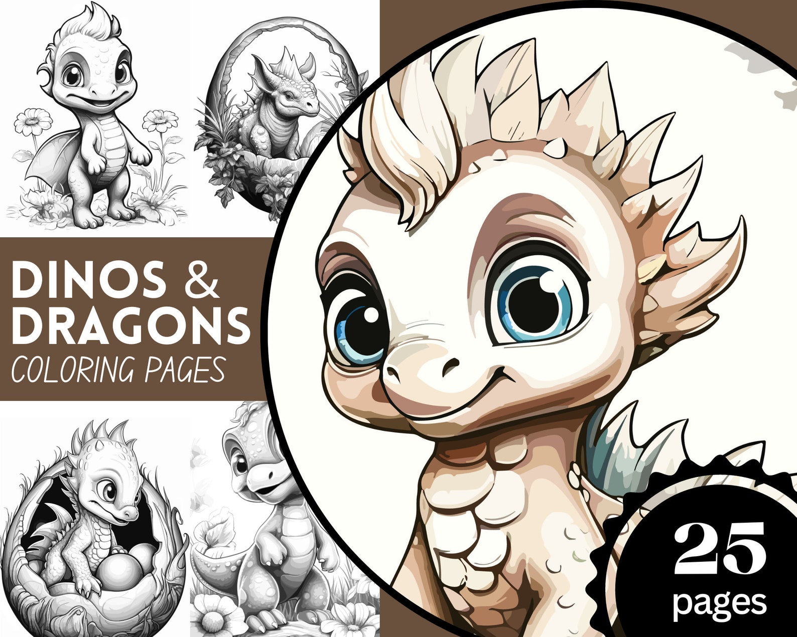 Cute Baby Dinos & Dragons Coloring Pages, Adult and Kids Coloring Book ...