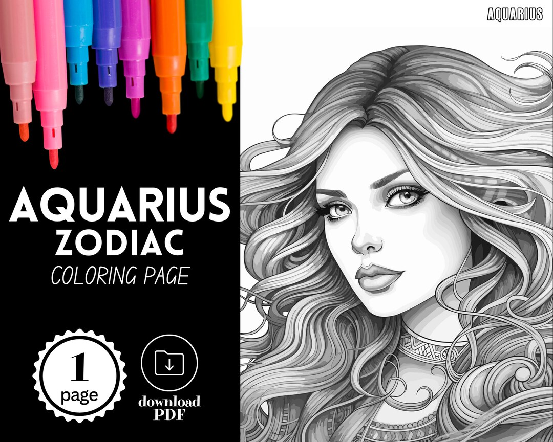 AQUARIUS Zodiac Coloring Page, Astrology Horoscope Coloring for Adults ...