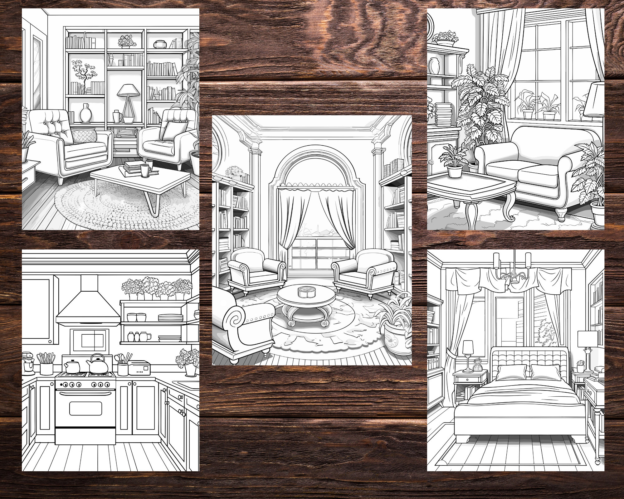 Beautiful Interiors Coloring Pages, Furniture Coloring Book for Adults ...