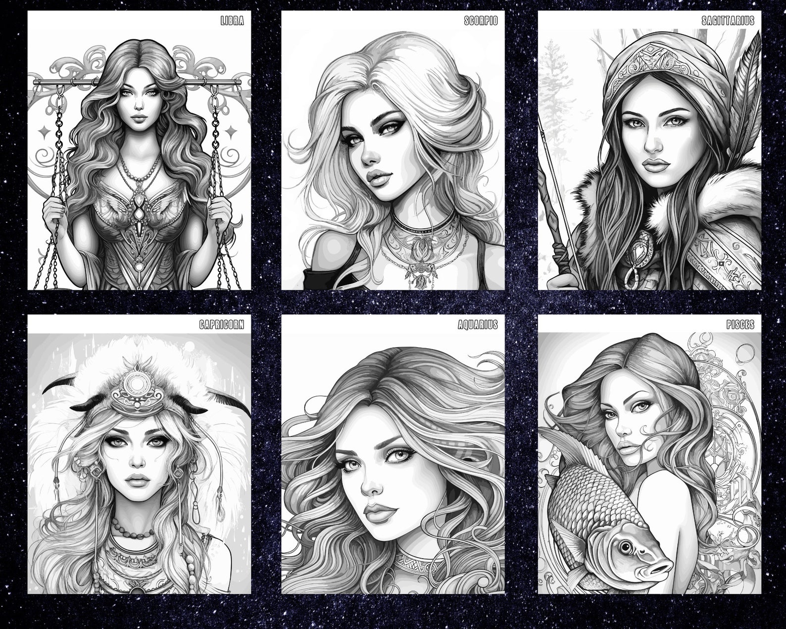 12 Pages of Women of the Zodiac Coloring Book, Astrology Horoscope ...