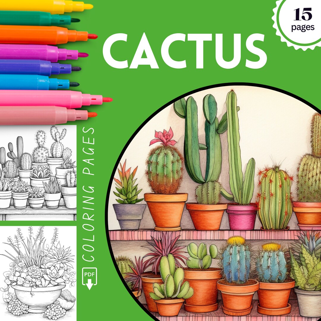 Cactus Coloring Pages, Cacti and Succulents Coloring Book for Adults ...