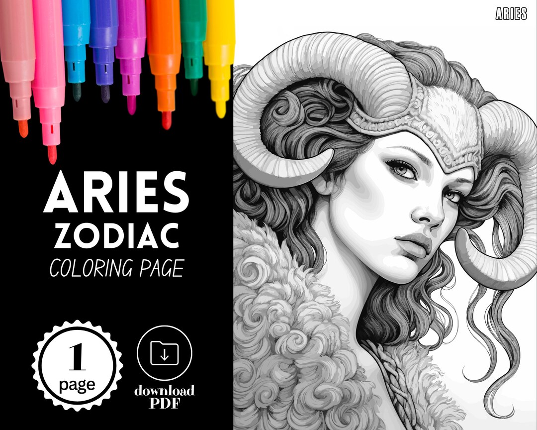 ARIES Zodiac Coloring Page, Astrology Horoscope Coloring for Adults ...