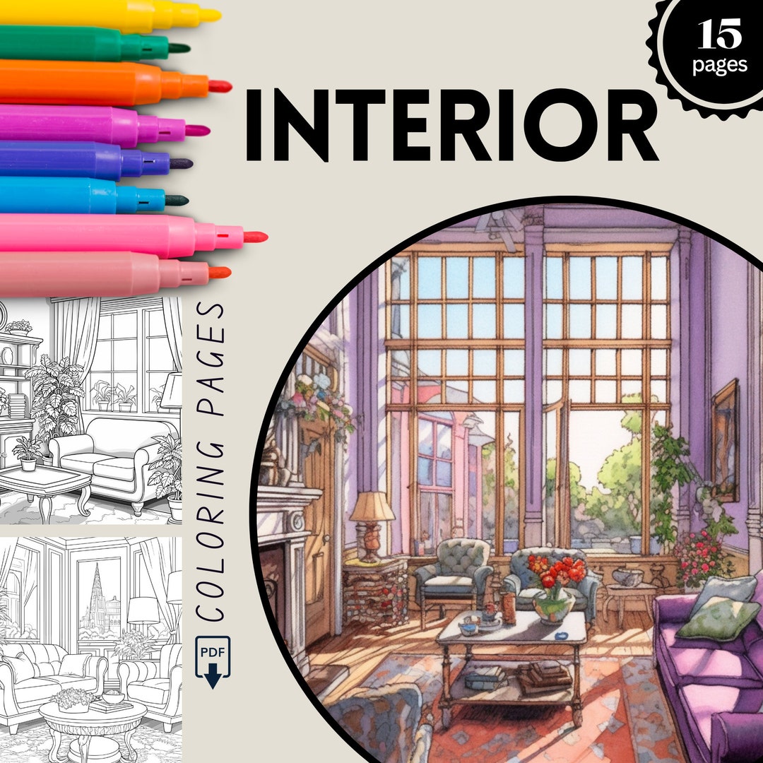 Beautiful Interiors Coloring Pages, Furniture Coloring Book for Adults ...
